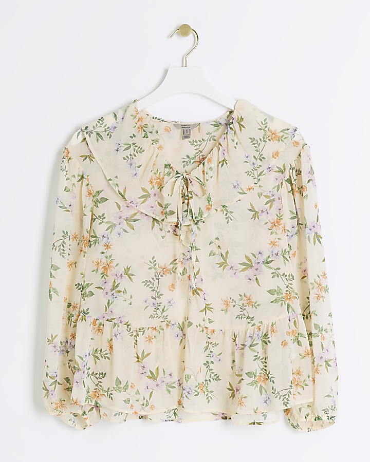 Cream floral frill tie front blouse | River Island
