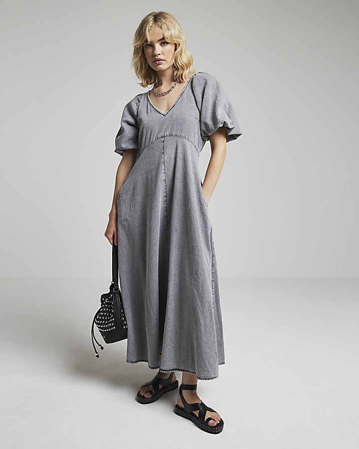 Grey denim puff sleeve smock midi dress | River Island