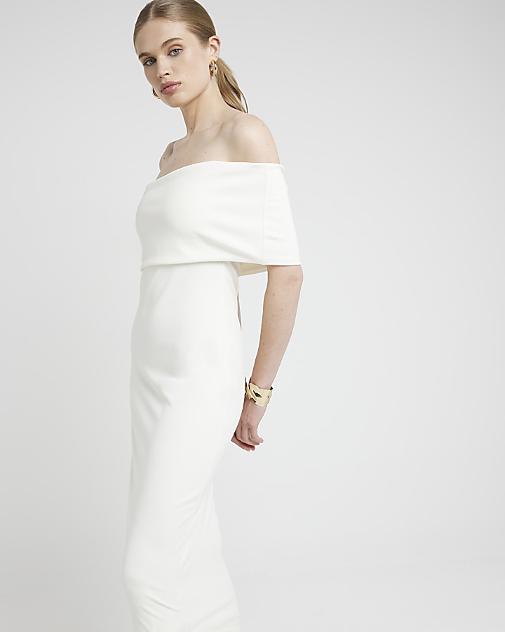 Cream asymmetric bodycon midi dress | River Island