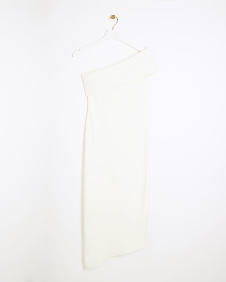 Cream asymmetric bodycon midi dress | River Island