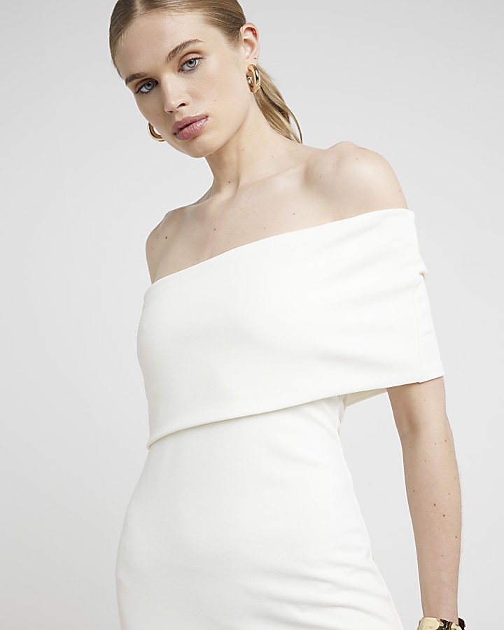 Cream asymmetric bodycon midi dress | River Island