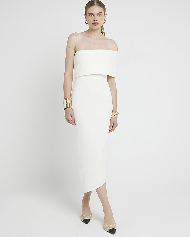Cream asymmetric bodycon midi dress | River Island