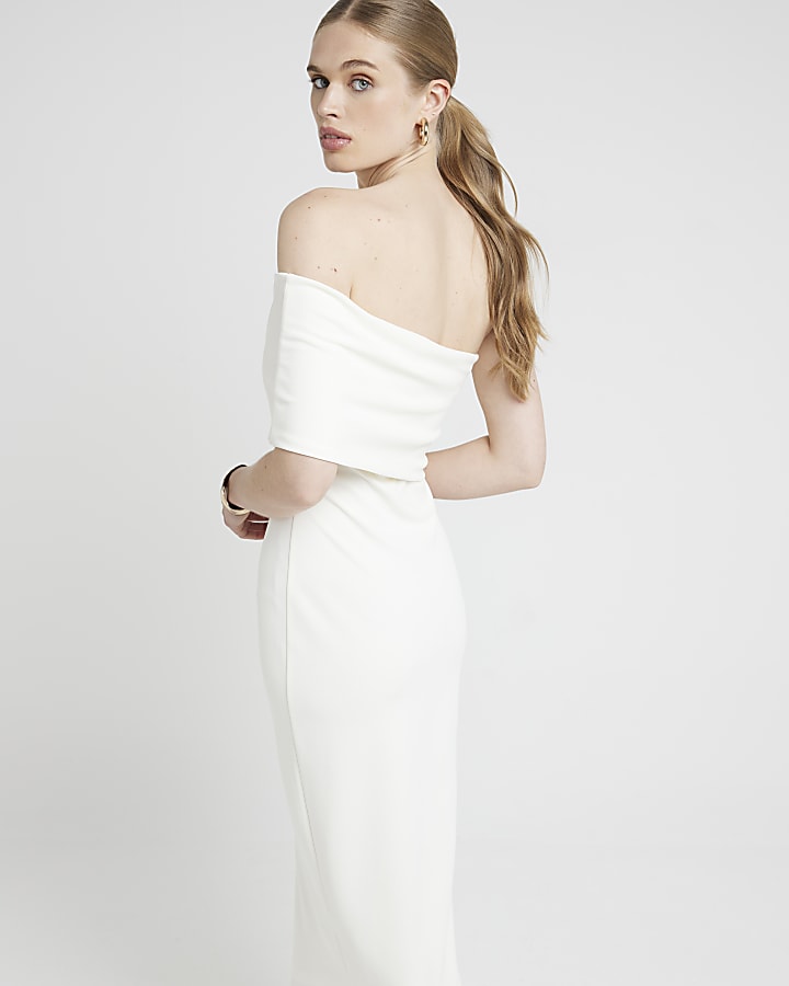 Cream asymmetric bodycon midi dress | River Island