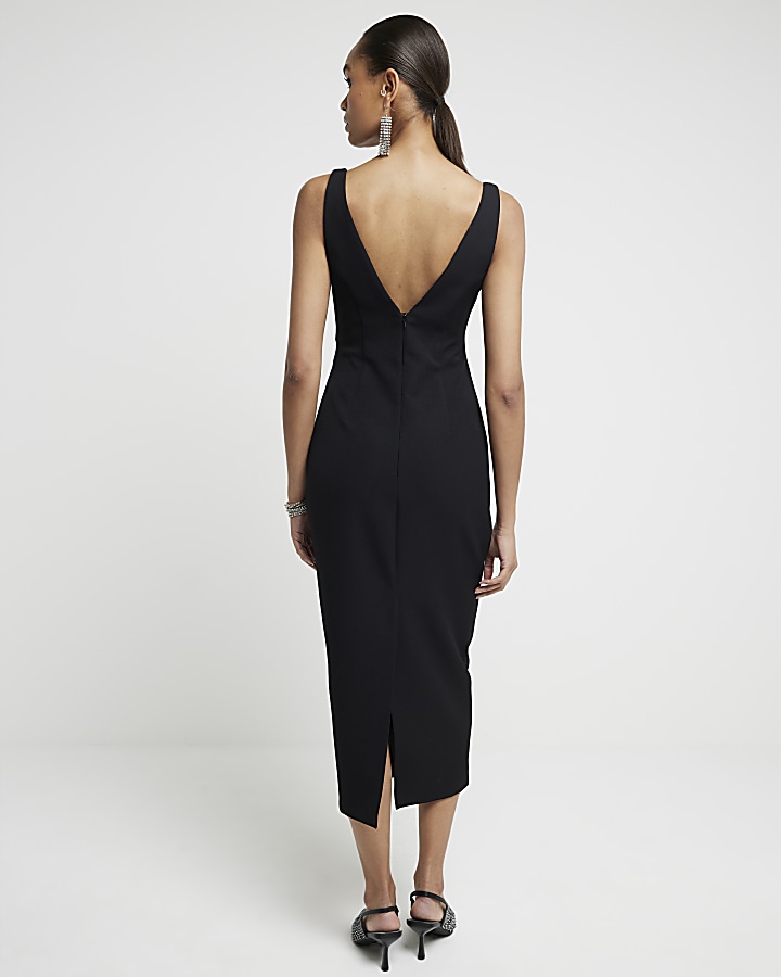 Black Ruched Open Back Bodycon Midi Dress | River Island