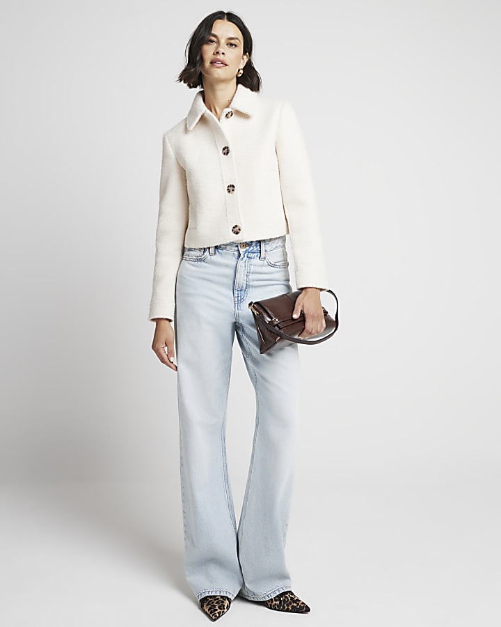 Cream collared crop trophy jacket | River Island