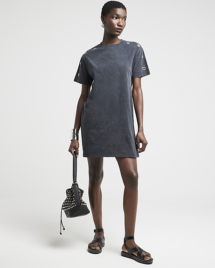 Grey Eyelet T-Shirt Mini Dress | River Island