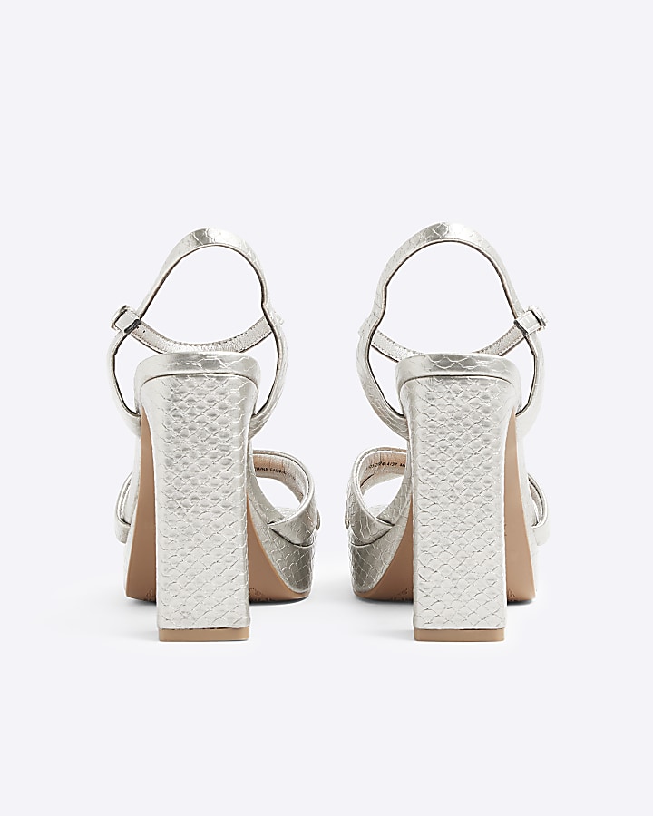 Silver Croc Embossed Platform Heeled Sandals River Island