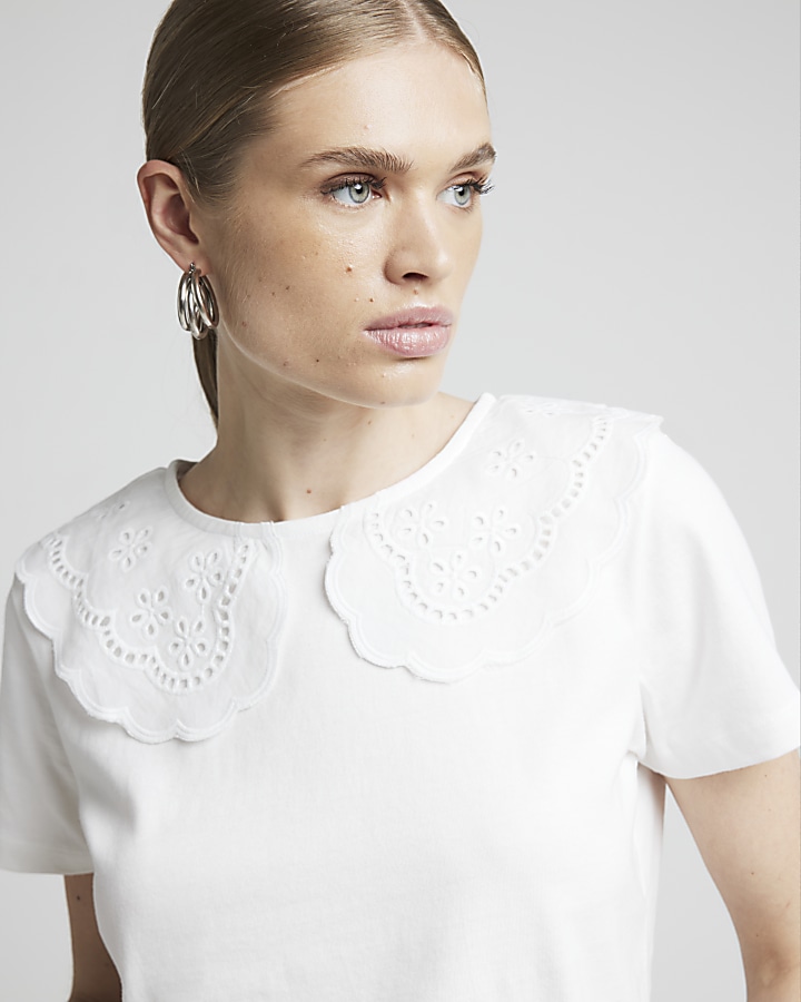White broderie collar t-shirt | River Island