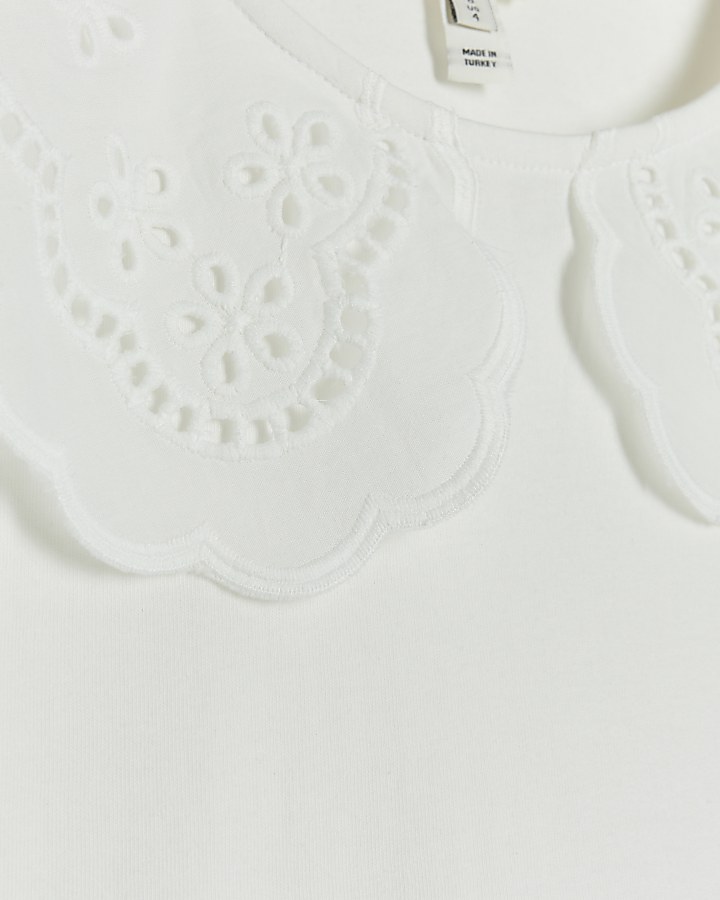 White broderie collar t-shirt | River Island