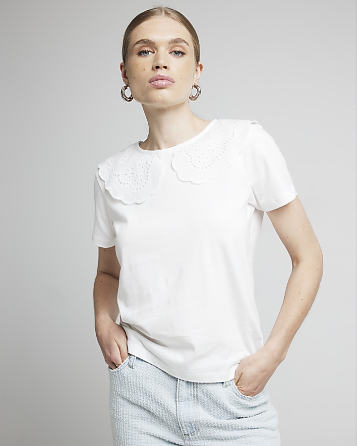 White broderie collar t-shirt | River Island