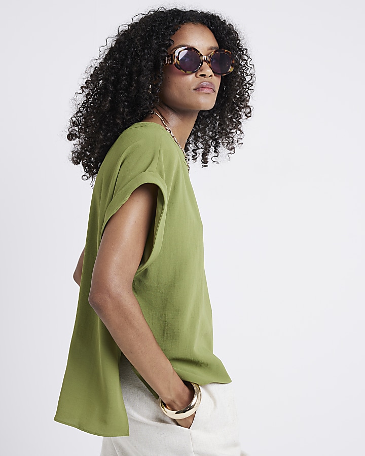 Khaki Crepe Turned Cuff T-Shirt | River Island