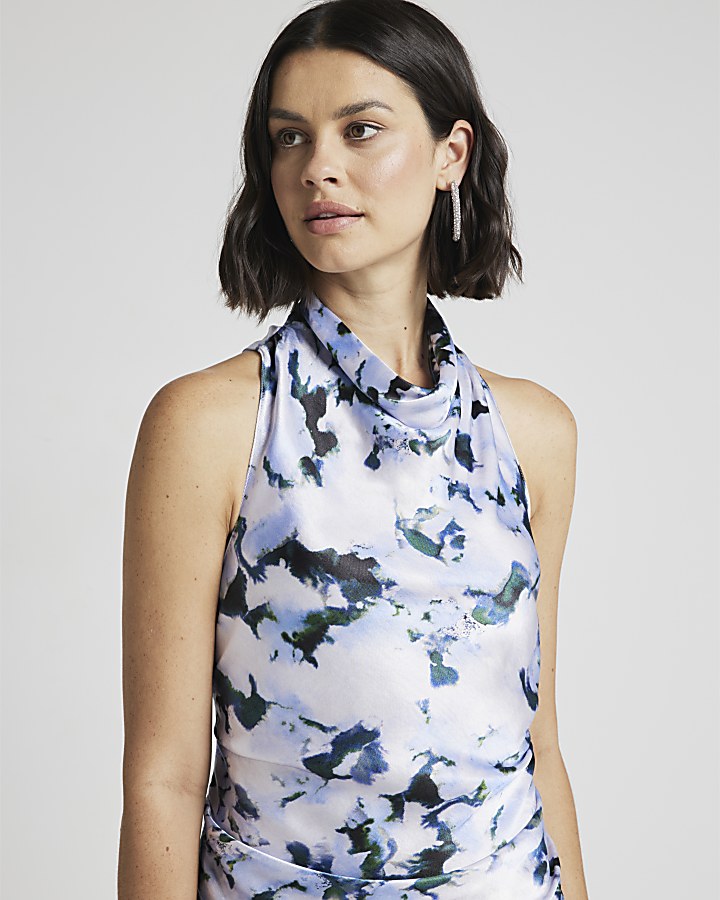 Blue satin floral cross back slip midi dress | River Island