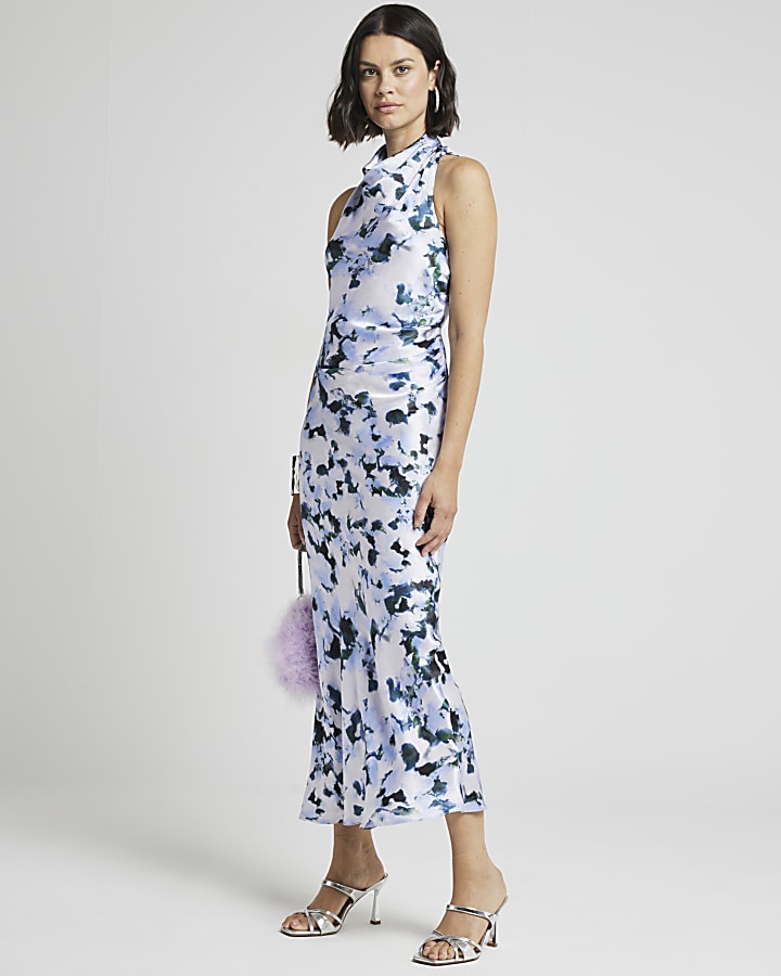 Blue satin floral cross back slip midi dress | River Island