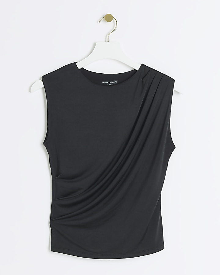 Black Drape Ruched Tank Top | River Island