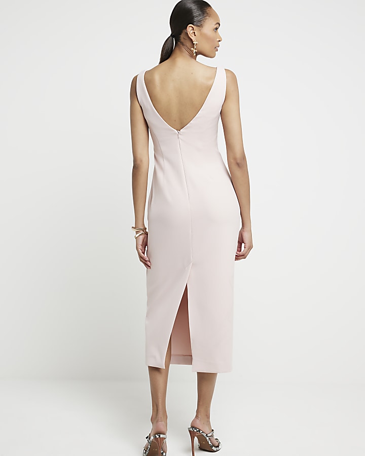 Pink Ruched Open Back Bodycon Midi Dress | River Island Pink Ruched Open Back Bodycon Midi Dress | River Island