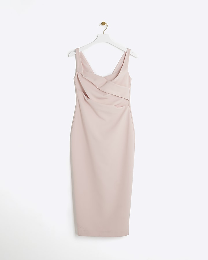 Pink Ruched Open Back Bodycon Midi Dress | River Island Pink Ruched Open Back Bodycon Midi Dress | River Island