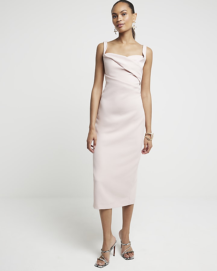Pink Ruched Open Back Bodycon Midi Dress | River Island Pink Ruched Open Back Bodycon Midi Dress | River Island