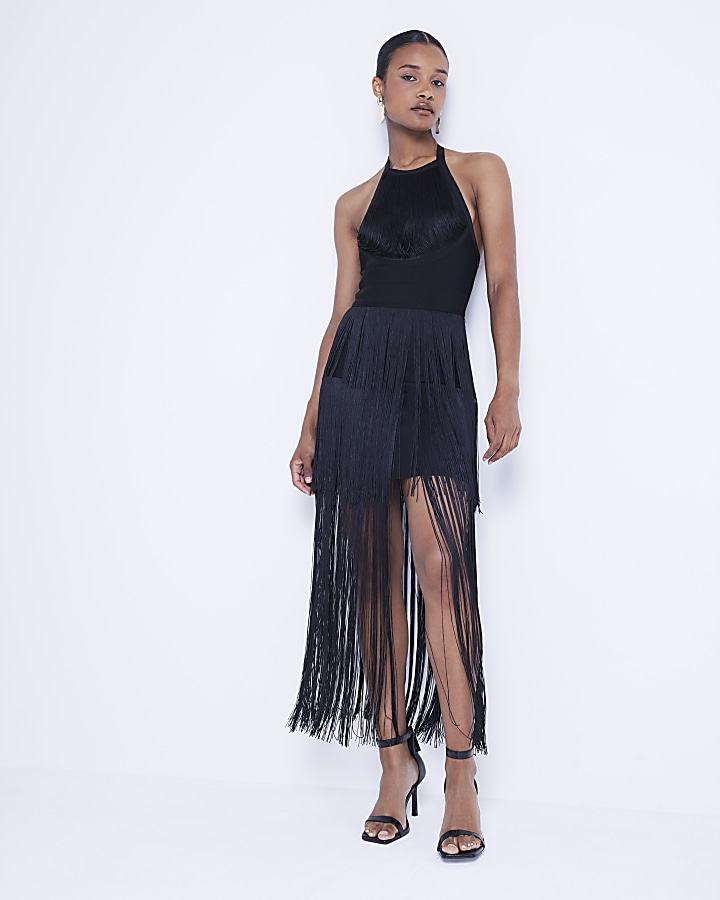 Black fringe halter neck bodycon midi dress | River Island