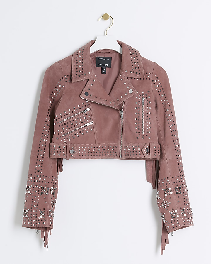 Pink suede studded biker jacket | River Island