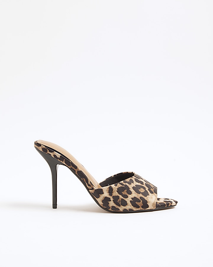 Brown satin leopard print heeled mule sandals | River Island