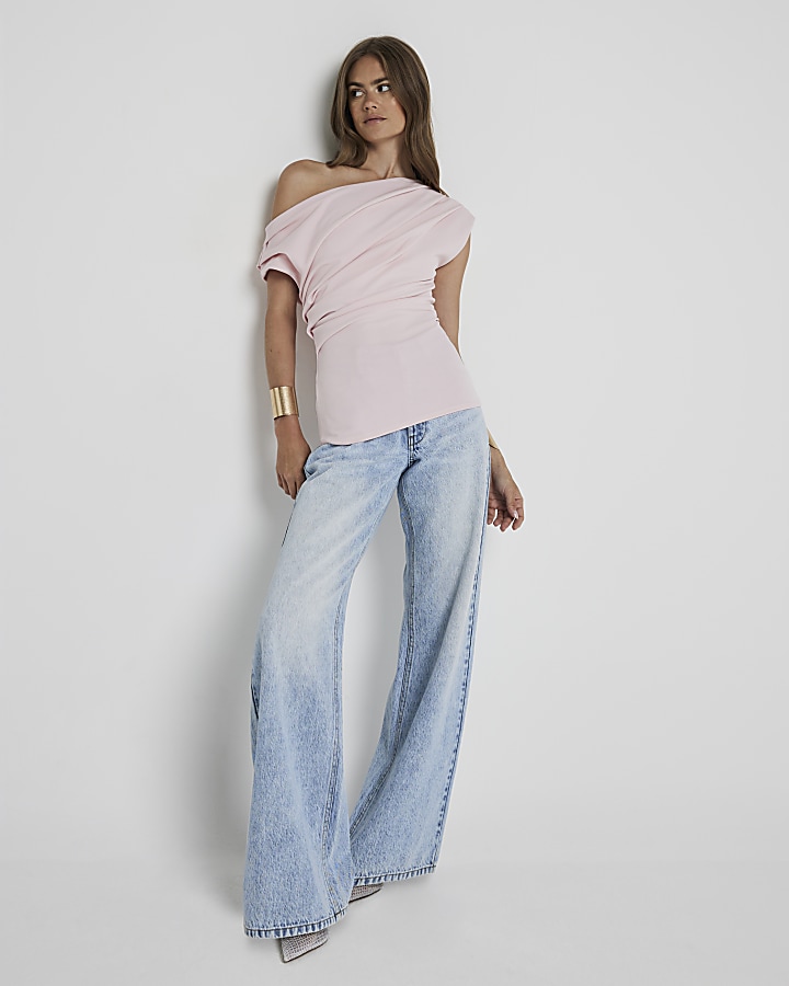 Pink Off Shoulder Drape Top | River Island