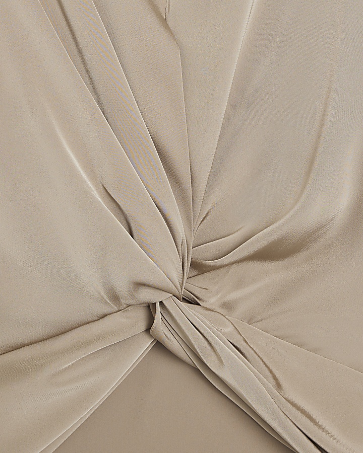 Beige satin front knot blouse | River Island