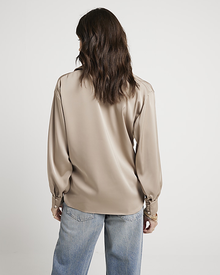 Beige satin front knot blouse | River Island