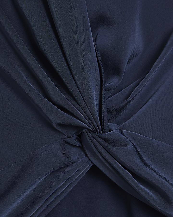 Navy satin front knot blouse | River Island