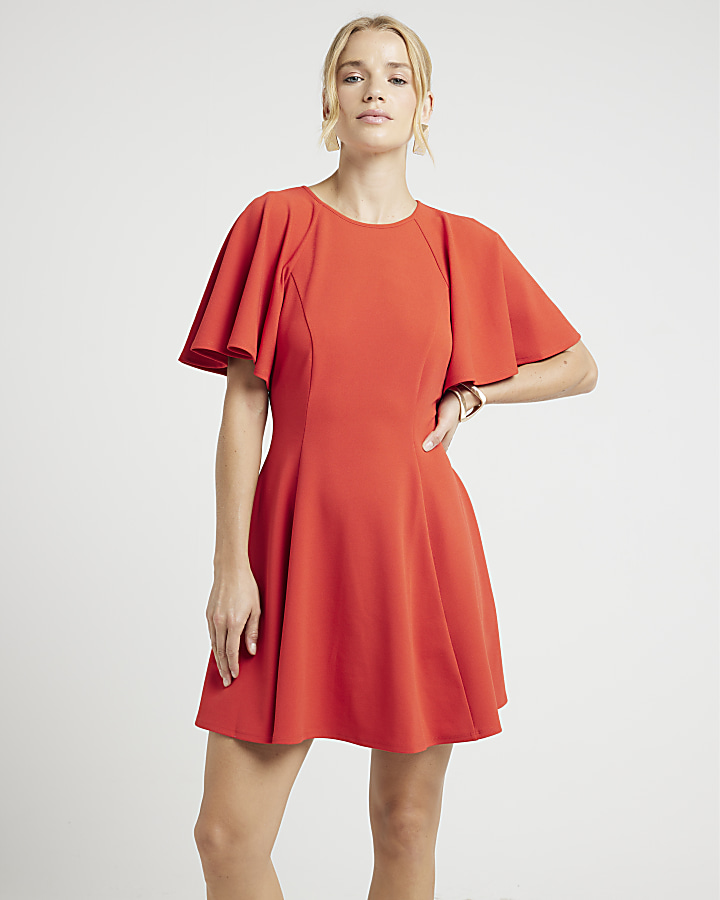 Red Flute Sleeve Skater Mini Dress River Island