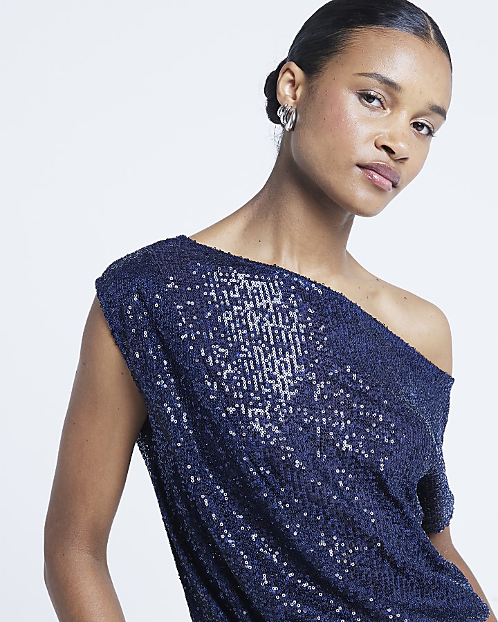 Navy Off Shoulder Sequin Top | River Island