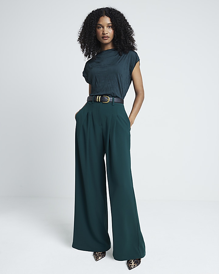 Green Pleated Wide Leg Trousers | River Island