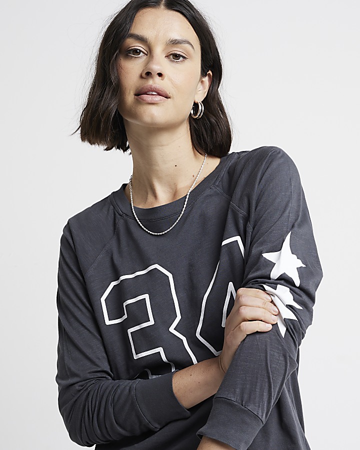 Grey Number Print Raglan Top | River Island