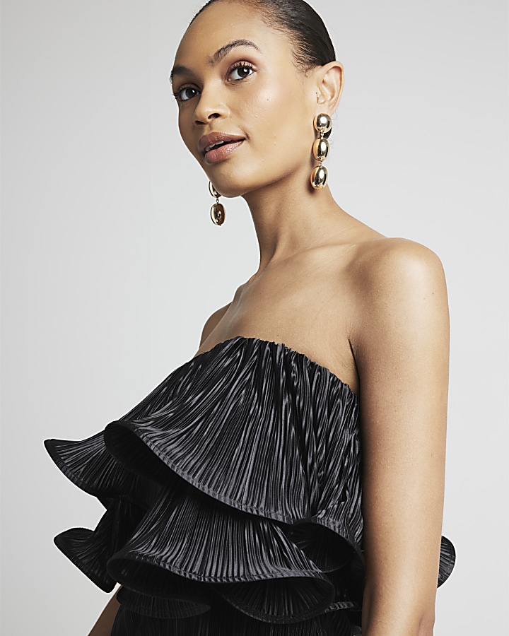 Black plisse frill bandeau midi dress | River Island