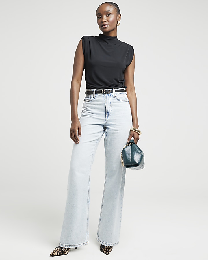 Black Slinky Shoulder Pad Top | River Island