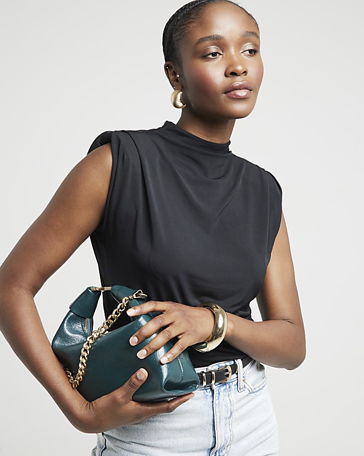 Black Slinky Shoulder Pad Top | River Island