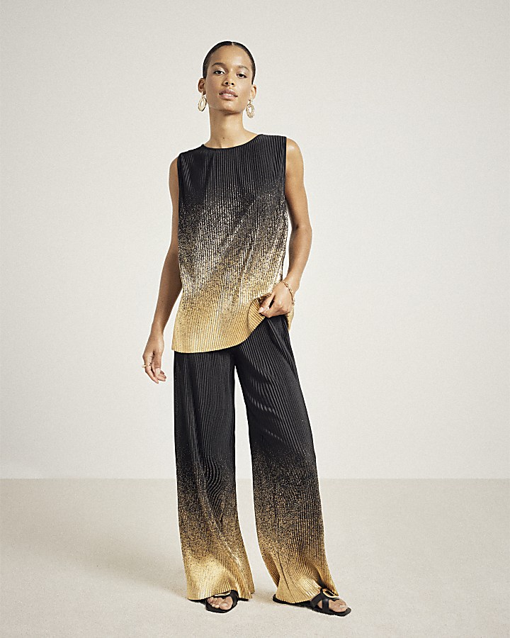 Black Ombre Plisse Sleeveless Top River Island