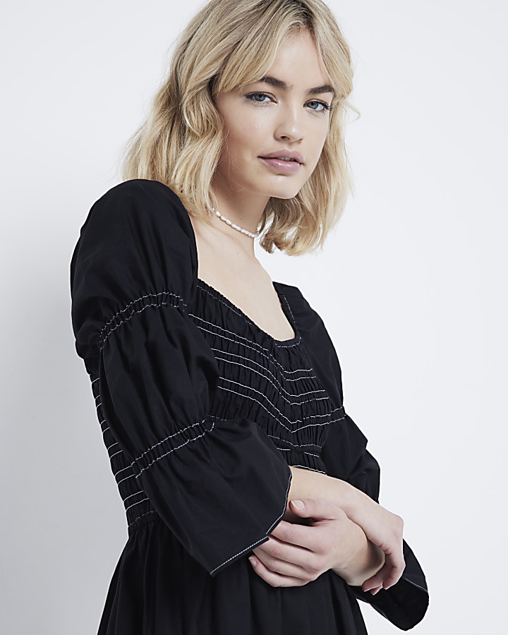 Black shirred smock midi dress | River Island