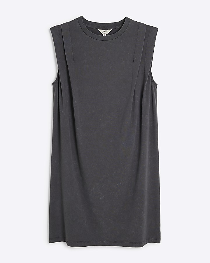 Grey washed pleated tank shift mini dress | River Island