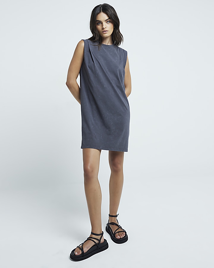 Grey washed pleated tank shift mini dress | River Island