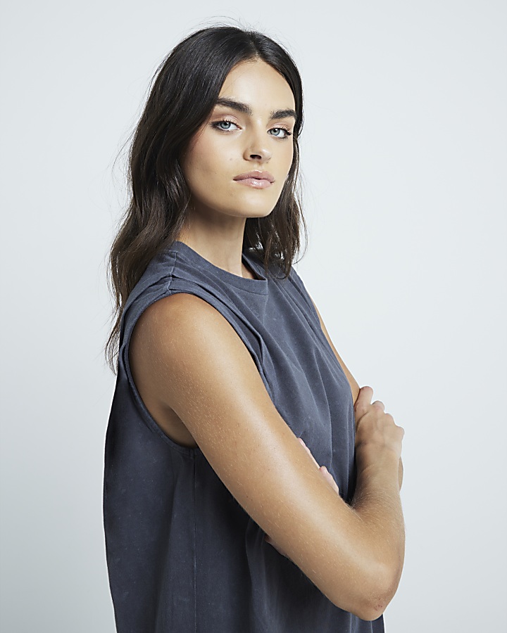 Grey washed pleated tank shift mini dress | River Island