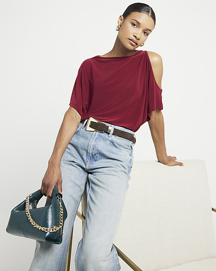 Red cold shoulder t-shirt | River Island