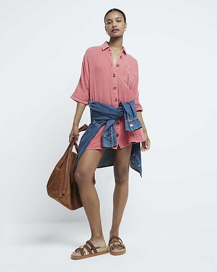 Red Button Up Longline Shirt | River Island