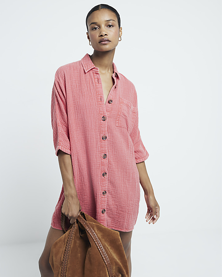 Red Button Up Longline Shirt | River Island