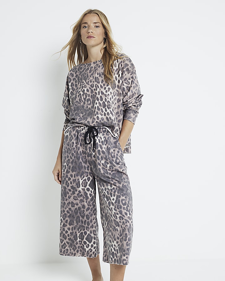 Brown Leopard Print Cropped Joggers | River Island