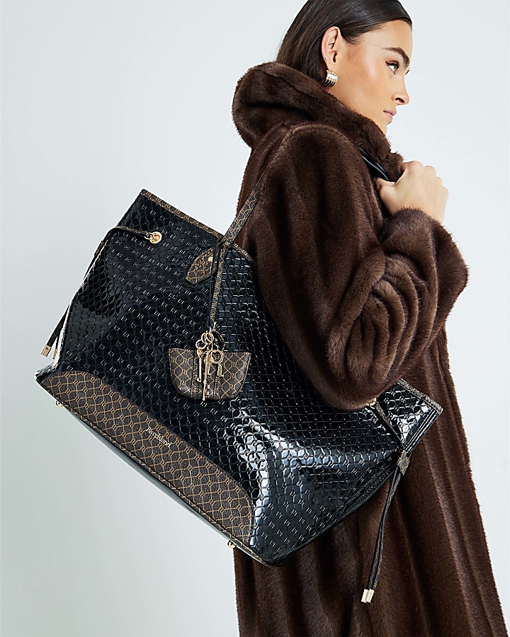 Black embossed RI monogram shopper bag | River Island