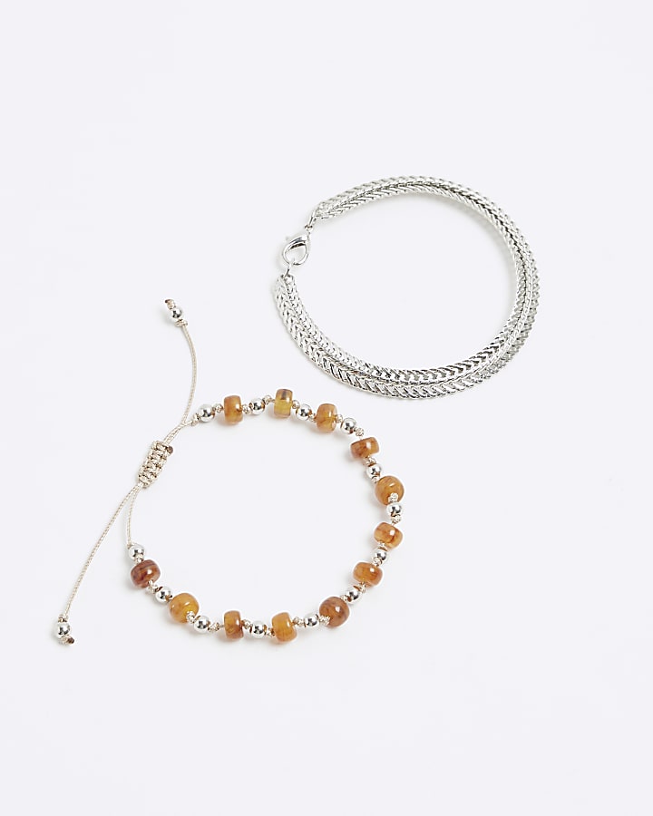 2PK silver colour beaded bracelets | River Island