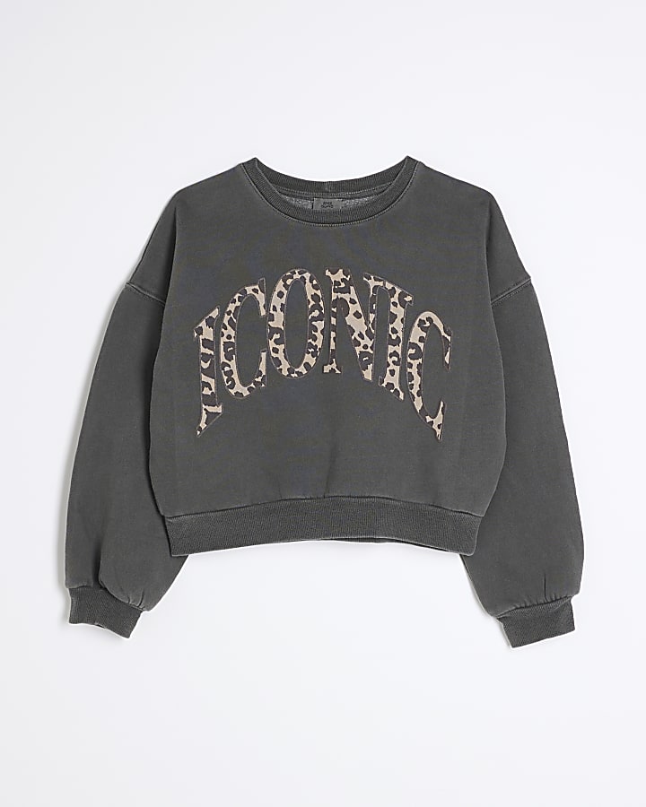 Girls Grey Leopard Iconic Sweatshirt | River Island