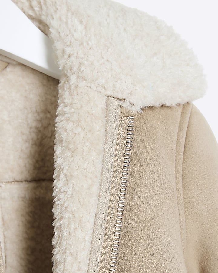 Mini Boys Stone Shearling Bomber Jacket | River Island