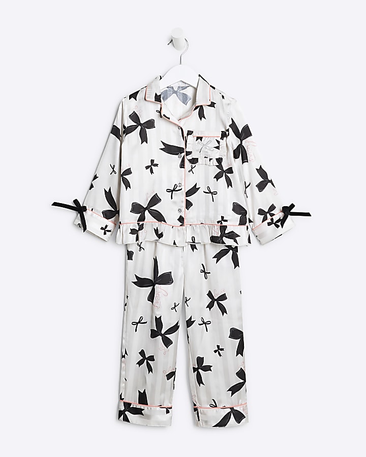 Mini Girls Cream Bow Print Satin Pyjamas | River Island