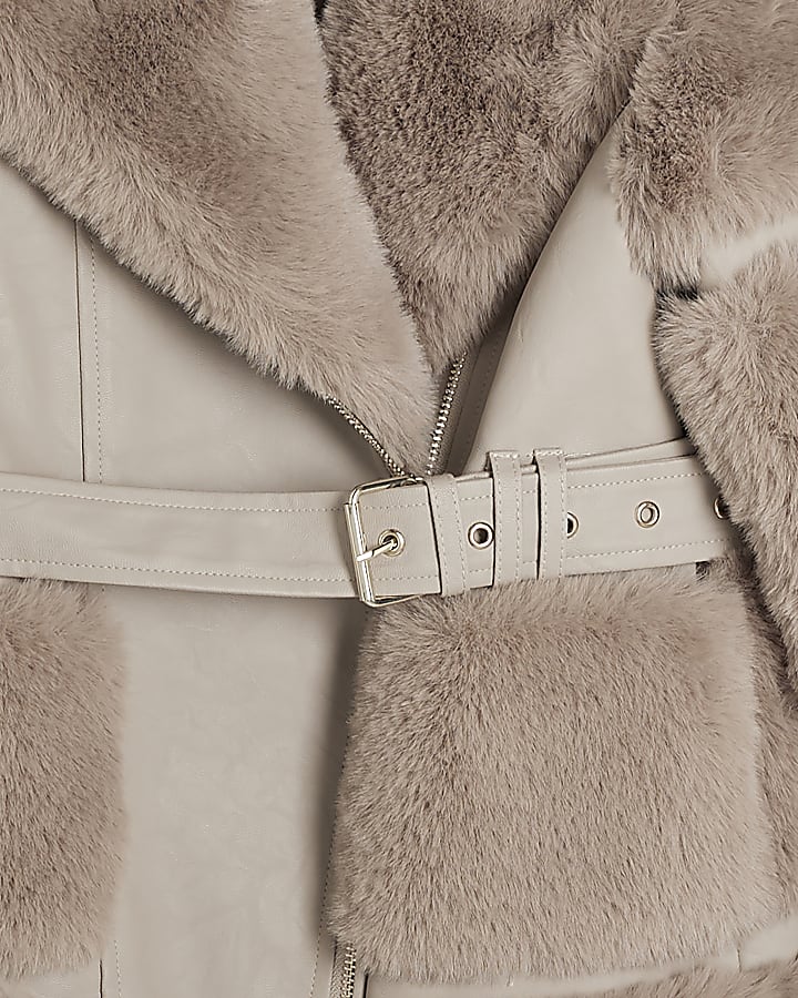 Girls Brown Faux Fur Biker Jacket | River Island